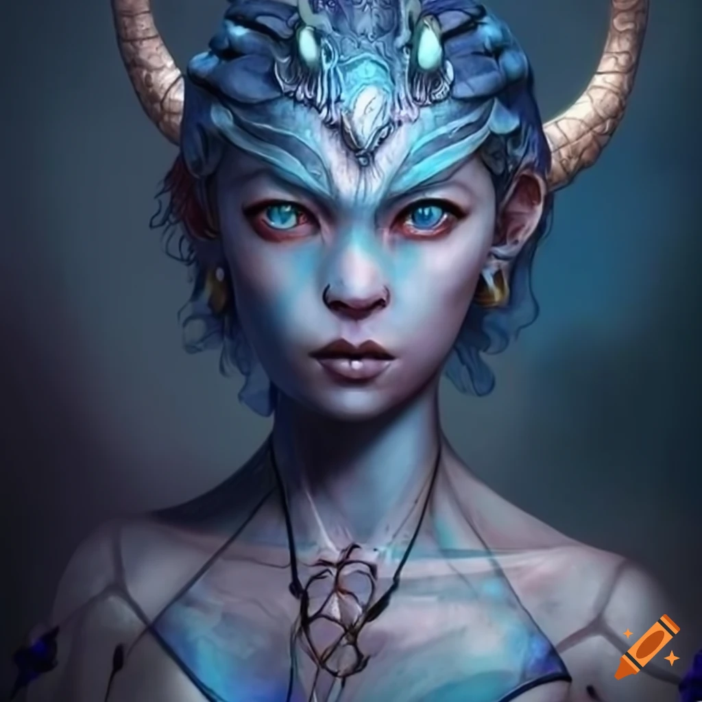 The bust of a blue-skinned lady with dragon scales on her skin and ...