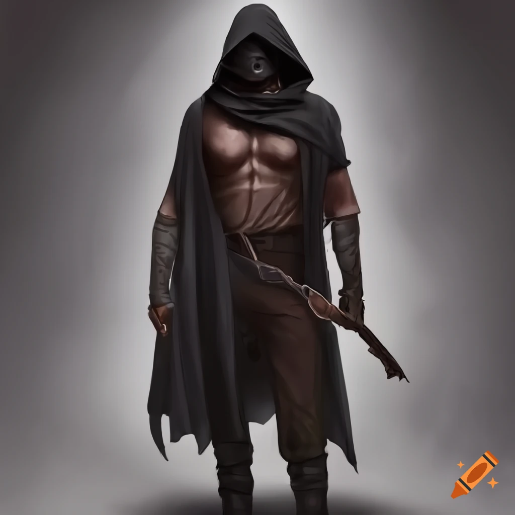 Hooded male rogue beard dark hair full body