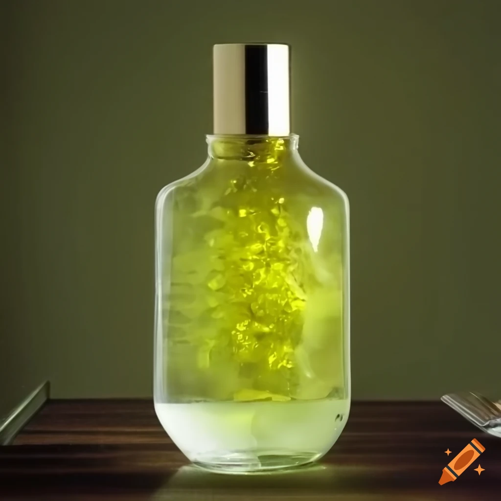 Magical elixir in a glass, radiating yellow-greenish light, the glow on ...