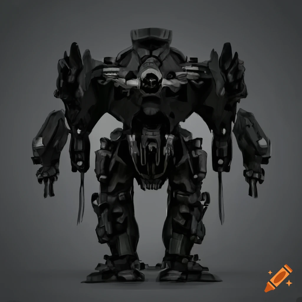 Realistic rotund black mecha front view on Craiyon