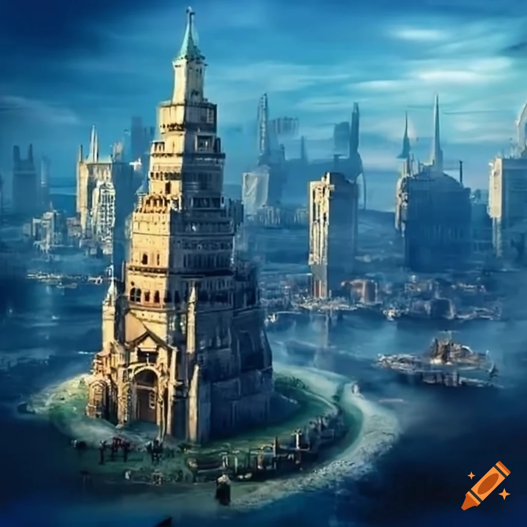 A huge middle age city with one long tower on Craiyon