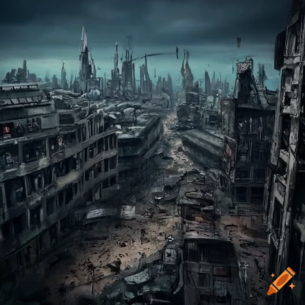 Post apocalyptic city which is being explored by a robot or machine ...