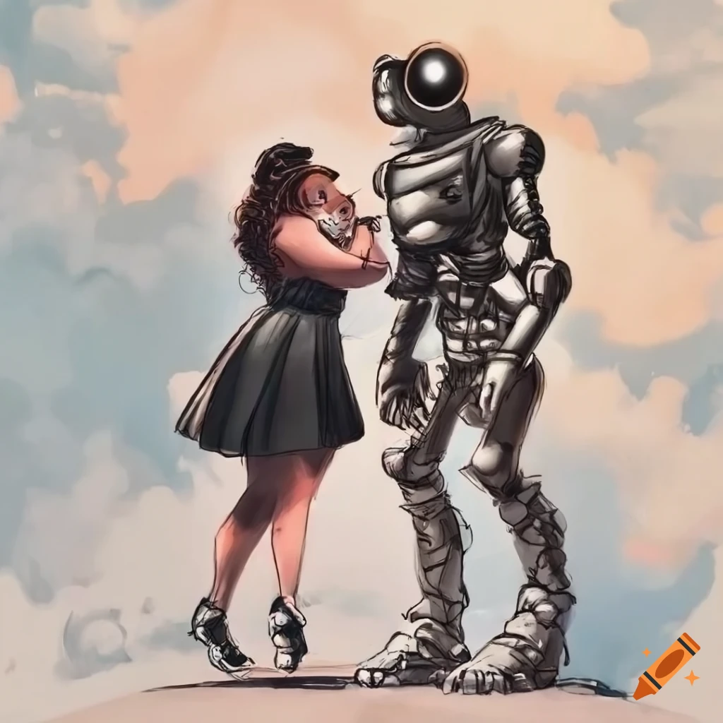 2 figures. Woman and metal man. Robot man Katsuhiro otomo pencil ...