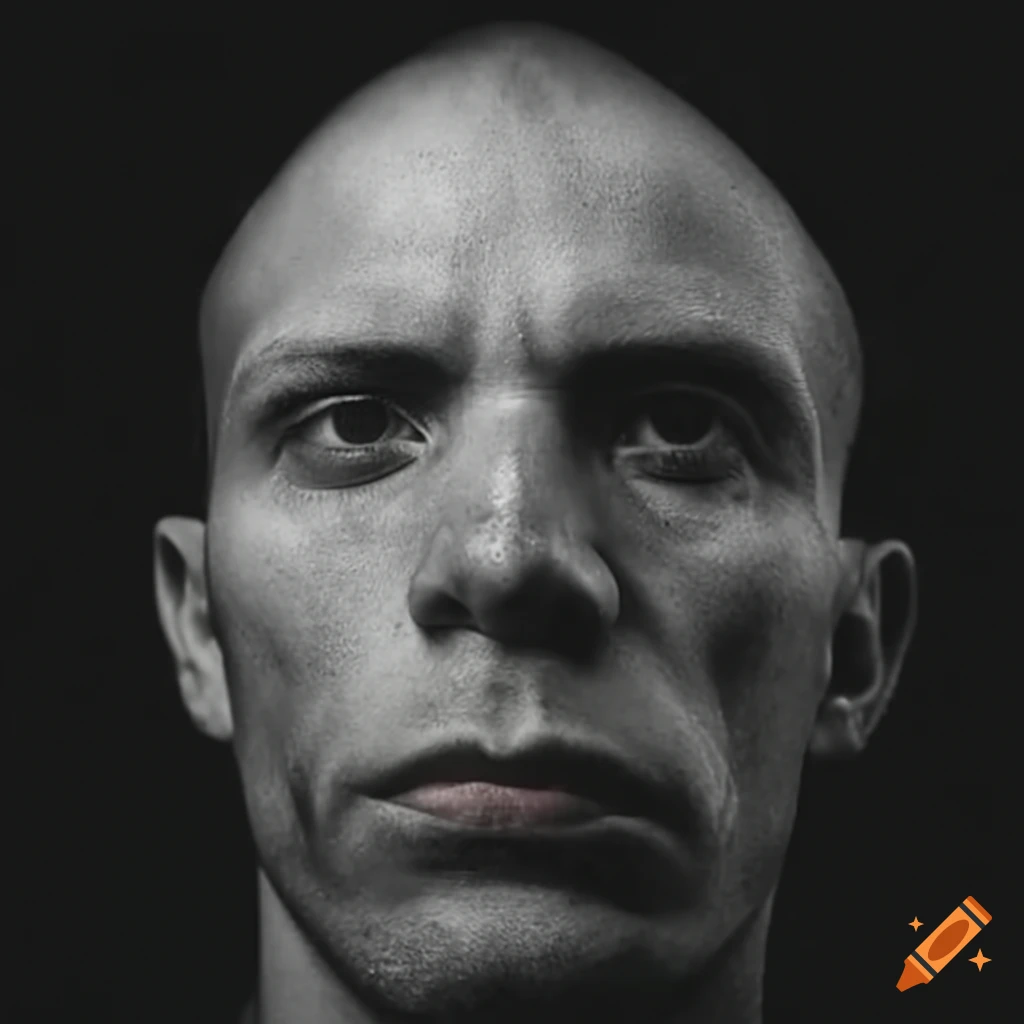 Hombre enfadado pelo rapado, mandibula ancha y mirada agresiva