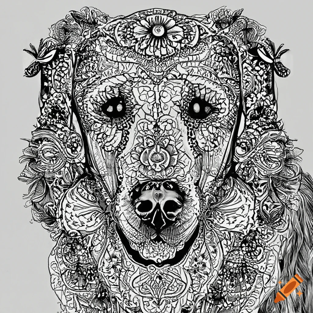 Colouring page for adults, mandala, dog image (golden retriever), white ...