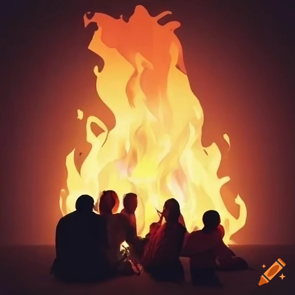 Lots of people sitting around a fire at night