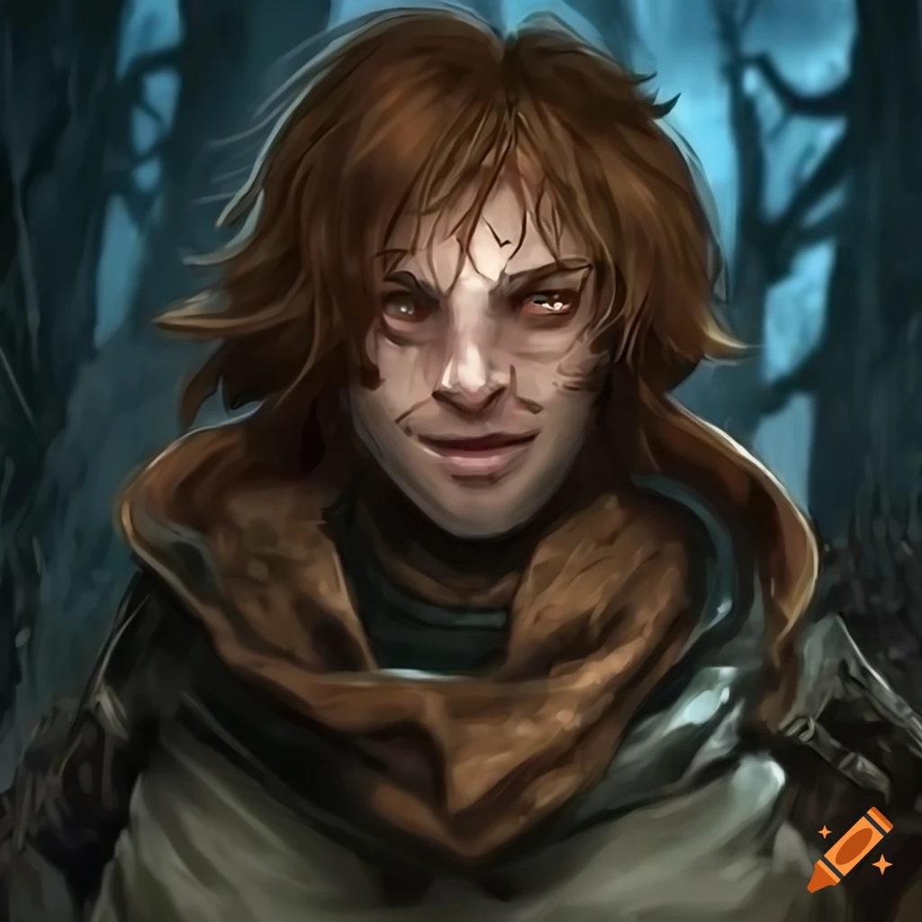 Hunter, snow, male, brown hair, smile, rogue, fantasy, ugly, forest, winter
