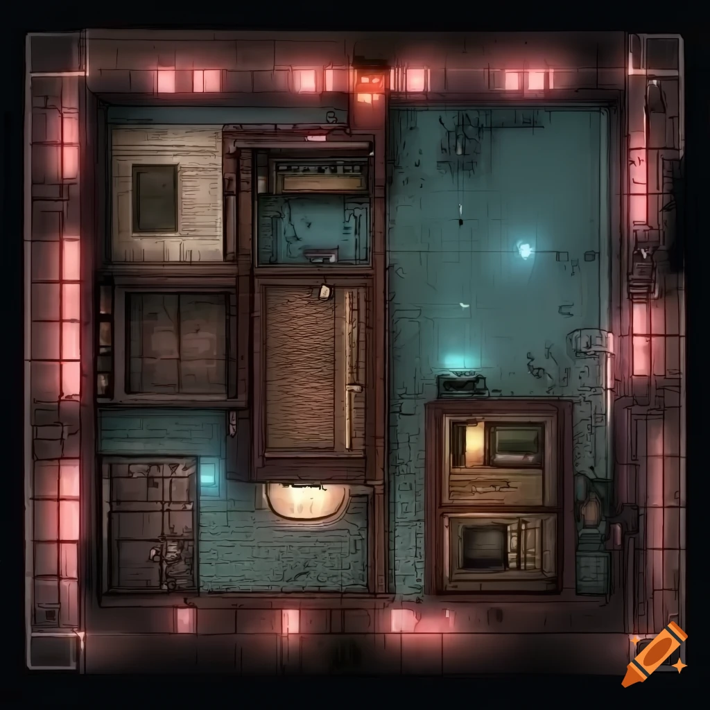 Create a top view map for TTRPG CyberpunkRED. It should be an empty ...