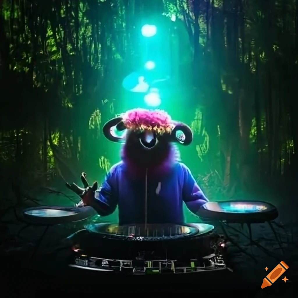 A dj sheep rocking a forest party with music and lights on Craiyon