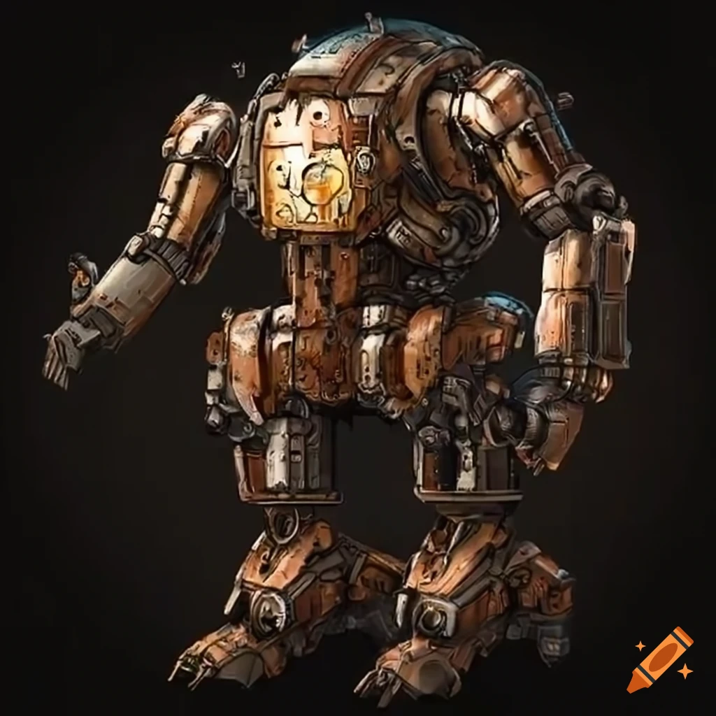 Steampunk-inspired mech with advanced energy source, ready for battle