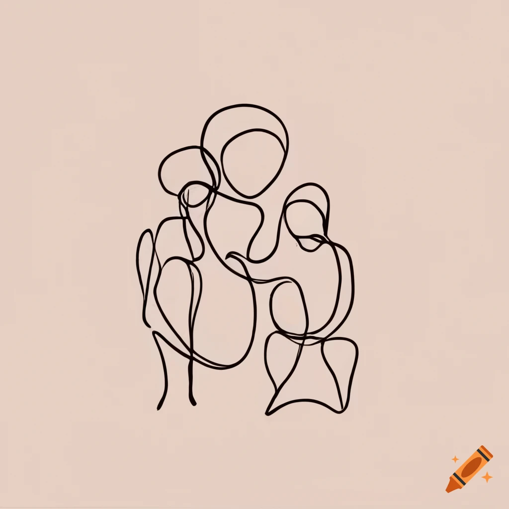 One line drawing of a family of five, black and white