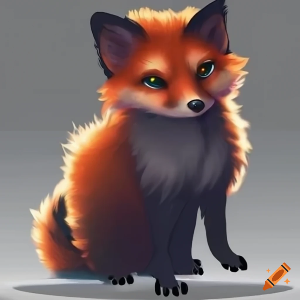 Cute fluffy cartoon melanistic fox, realistic fire fox