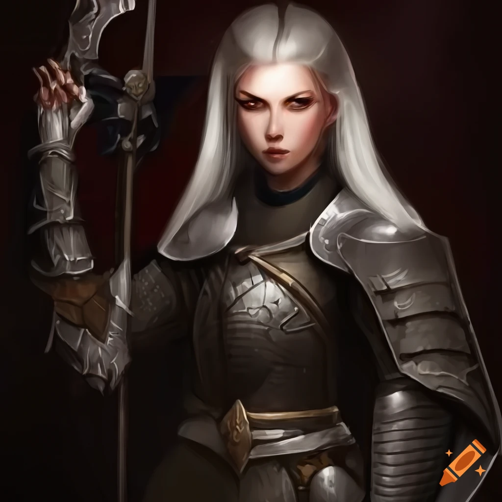 Warrior woman with black armor long, straight and platinum hair, light ...