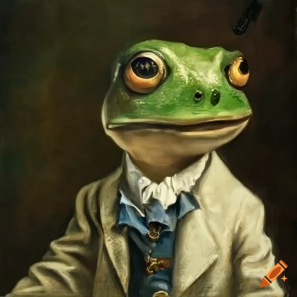 A well dressed anthropomorphic frog in noble clothing, extreme detail ...