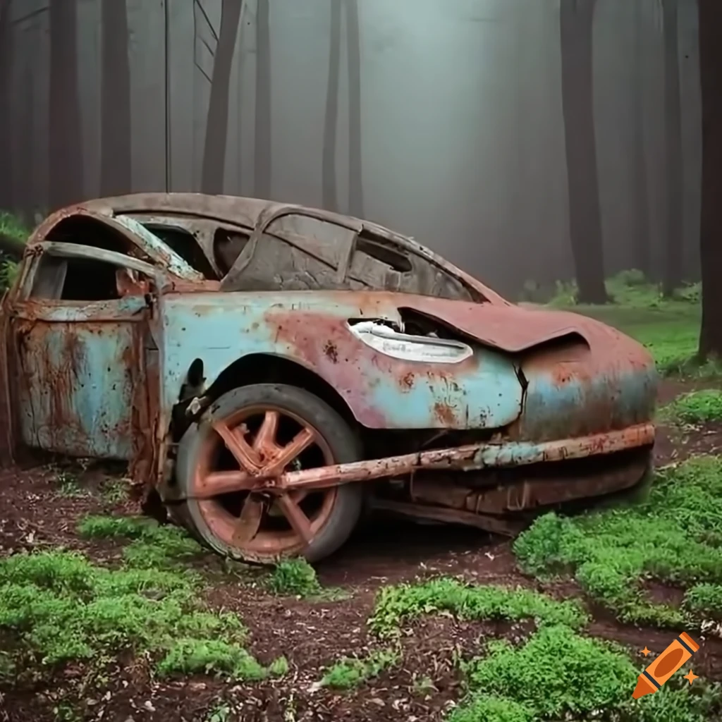 Rusted and broken Tesla model 3 engulfed by nature in a red forest car ...