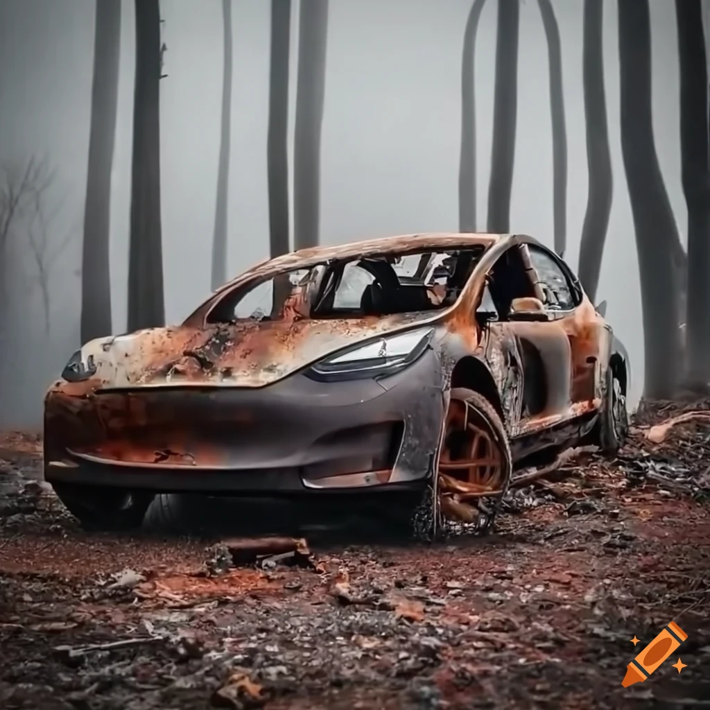Burned out rusted broken tesla model 3 over taken bij red forrest ...