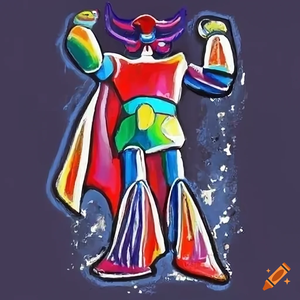 A colorful grendizer robot wearing a rainbow cape, striking a disco ...
