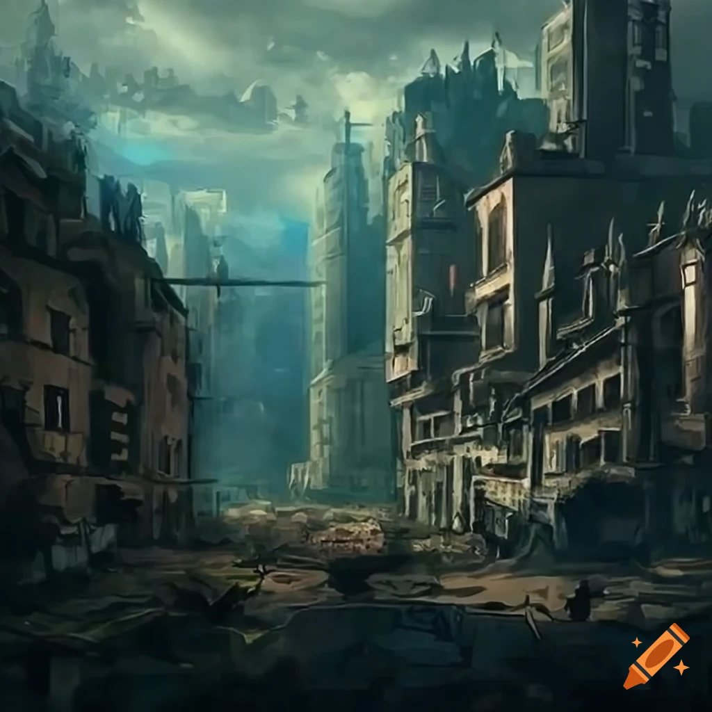 Painting of fantasy city that has been abandoned after the end of times ...