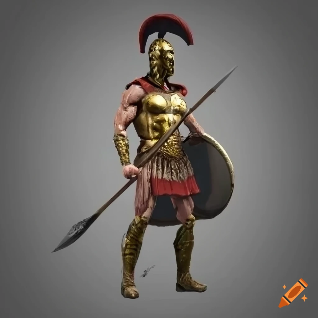 Hoplite warrior with shield and spear, facing right, full body, top ...
