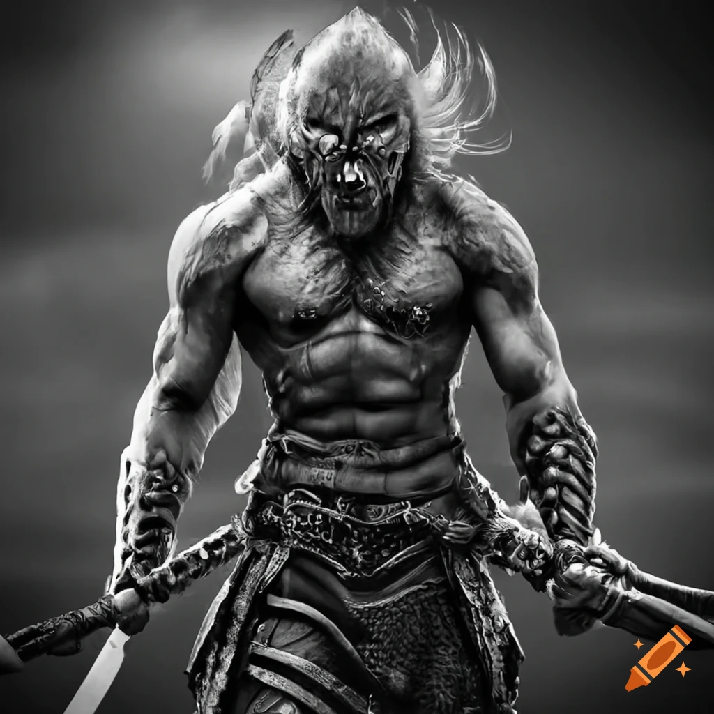 Intense battle of a fierce warrior in a black and white scene on Craiyon