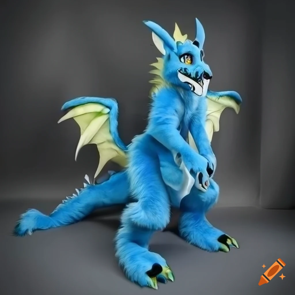 Fursuit blue anthro dragon with light yellow underside and wings, black ...