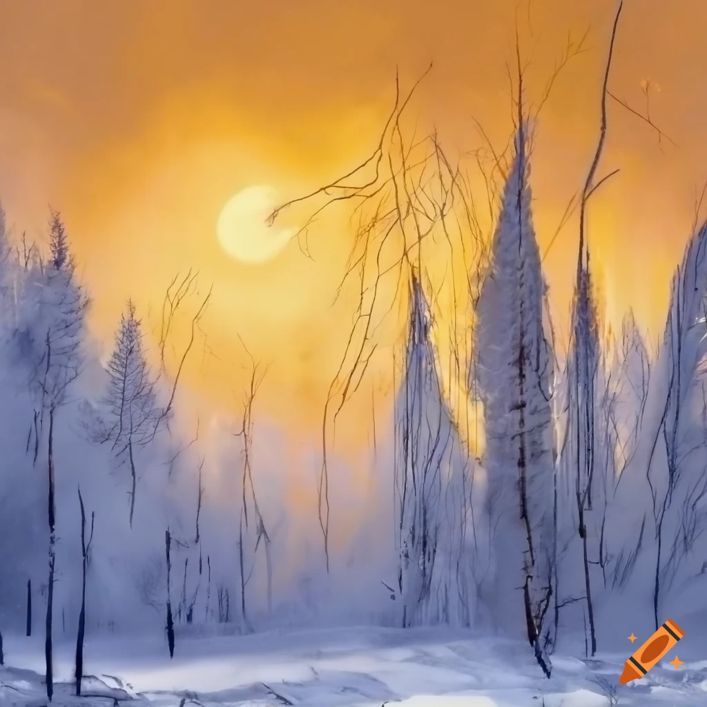 Korvantuturi, snow, yellow sunrise, warm glow, trees covered in snow on ...