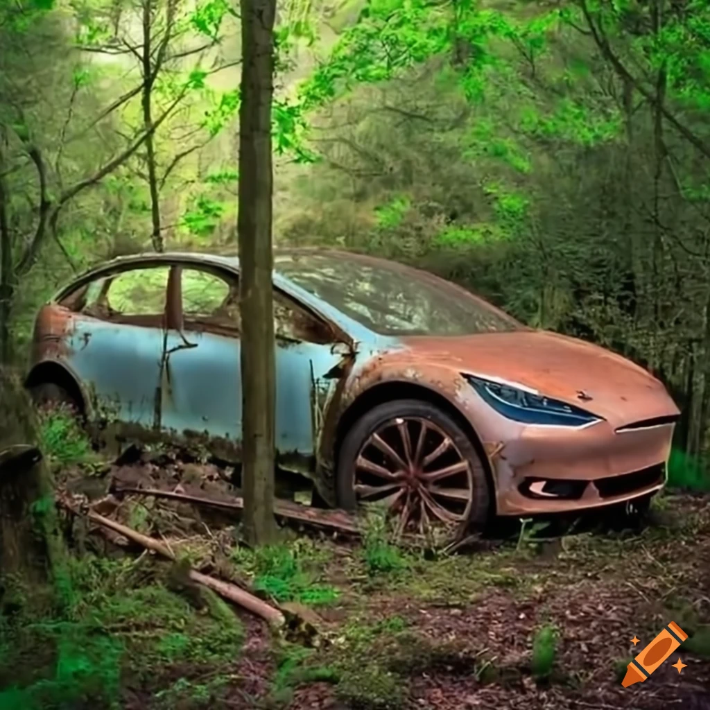 Three rusted and old Tesla cars piled up and overgrown with nature in a ...