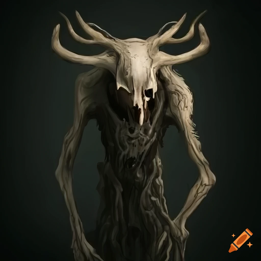 A wendigo, a monster with a wolf skull for a head, deer antlers, and a ...