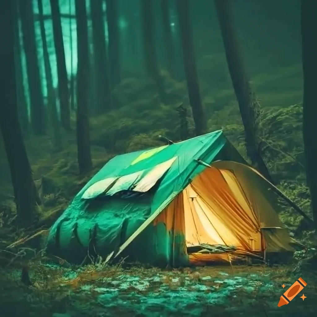Abandoned tent camp in lush japanese forest, warm colors, night time on ...