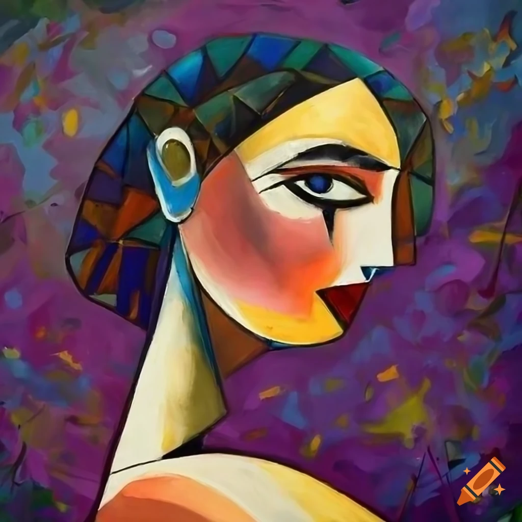 Cubist painting of a lady, on a flying machine