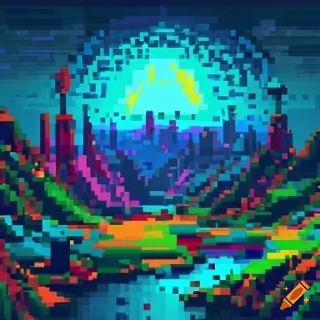 Pixel art showcasing mesmerizing alien landscapes in vibrant colors on Craiyon