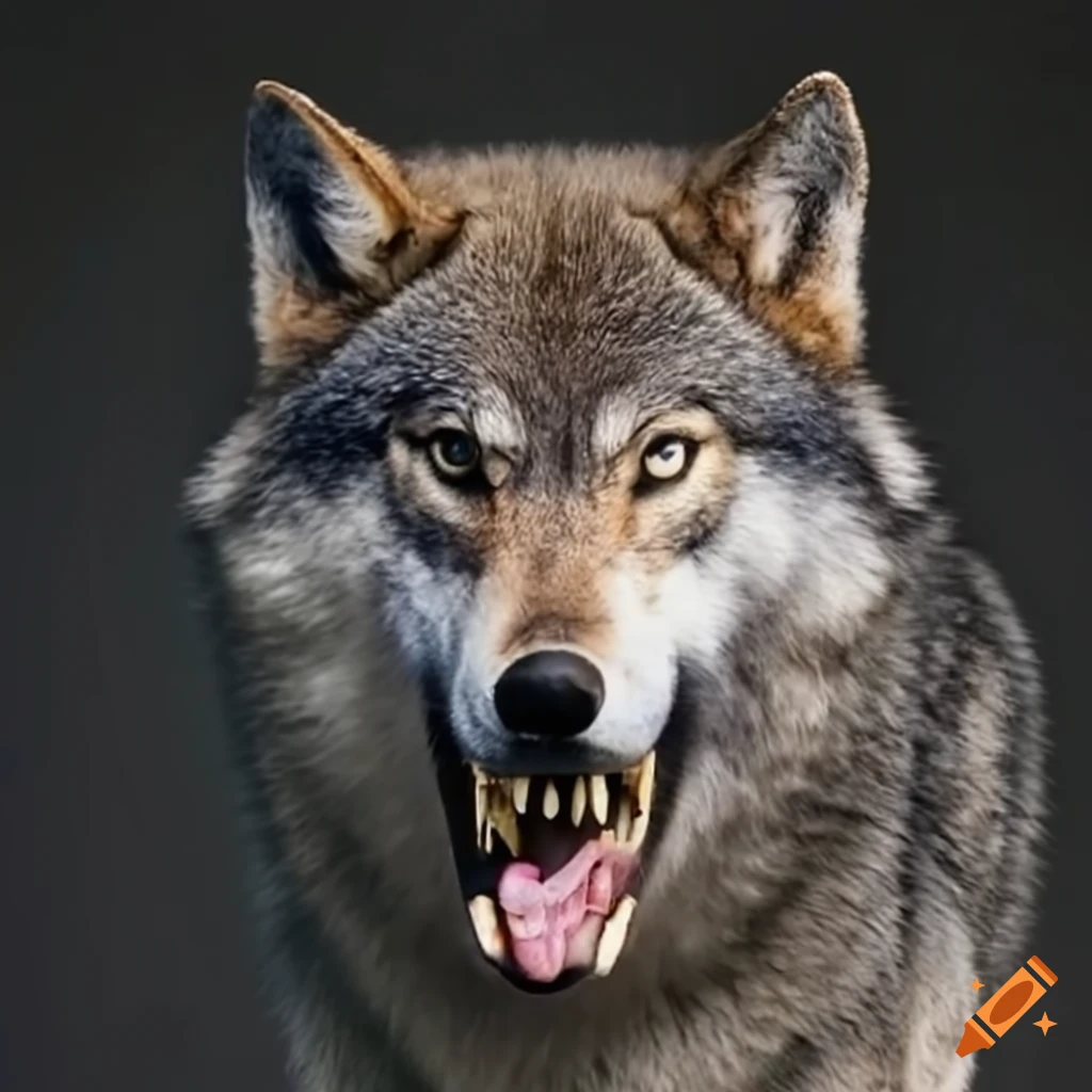 Terrible gray wolf with sharp teeth