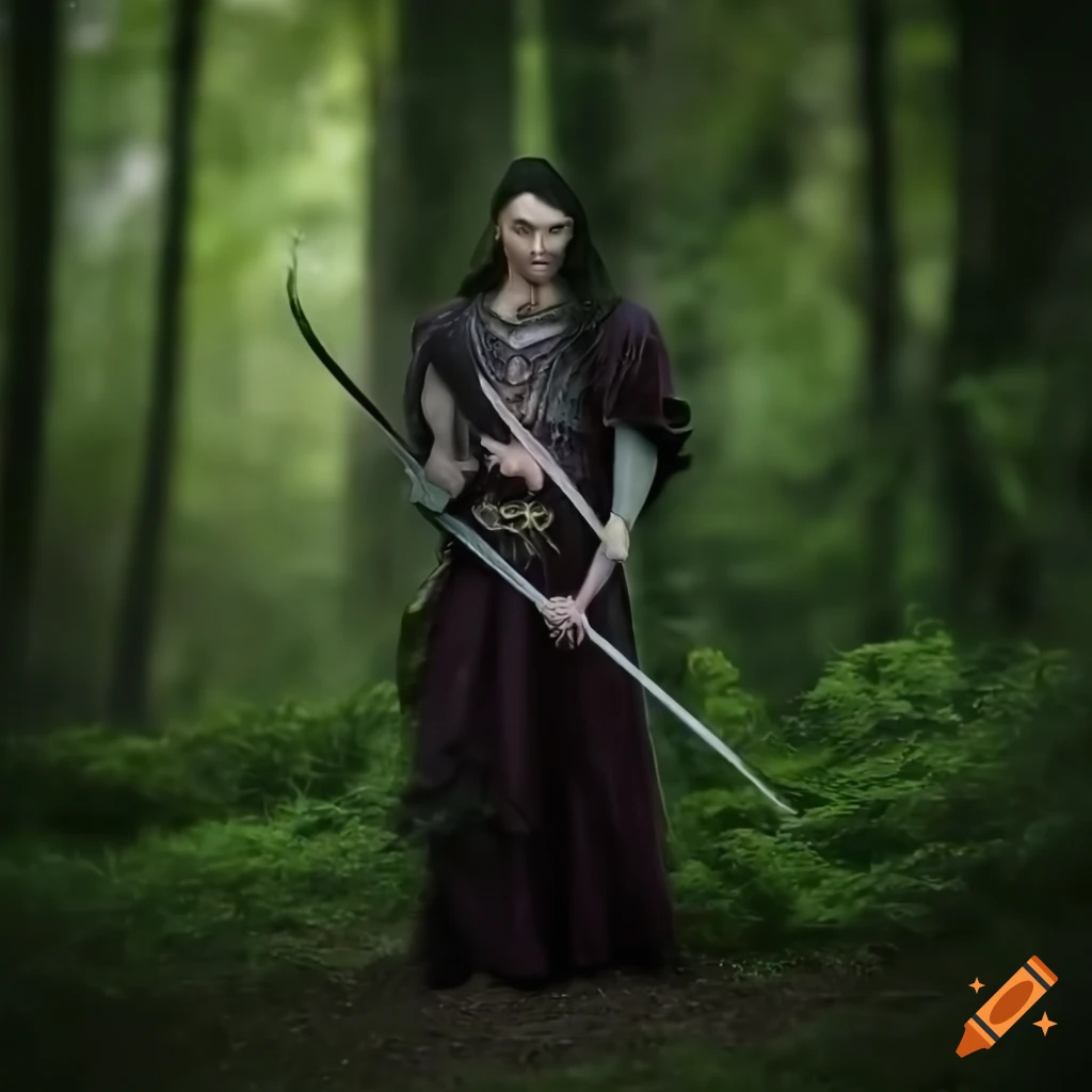 A mystical elf man with a staff and sword in the forest on Craiyon