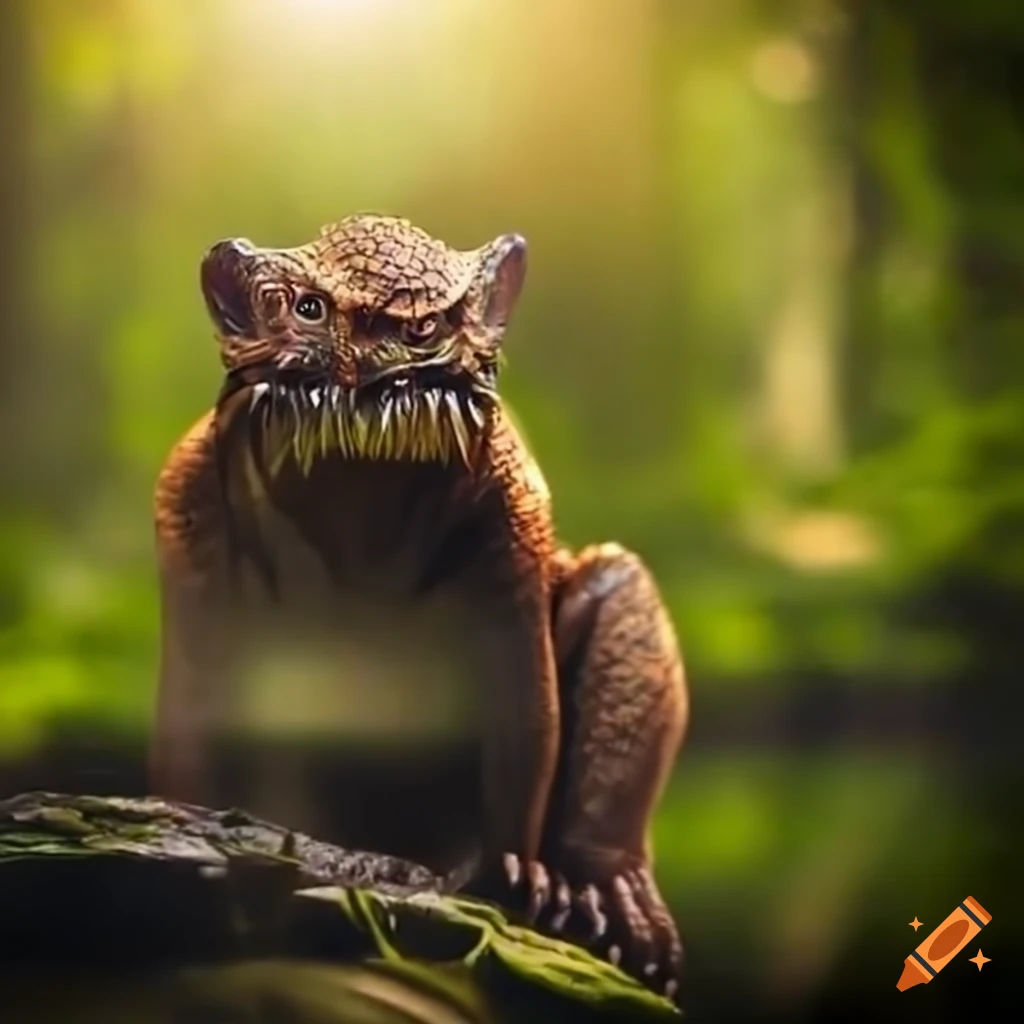 Prehistoric predator prowling near a tranquil forest pond