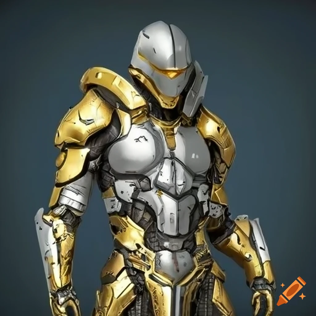 Futuristic warrior in sleek gold armor and silver accents on Craiyon