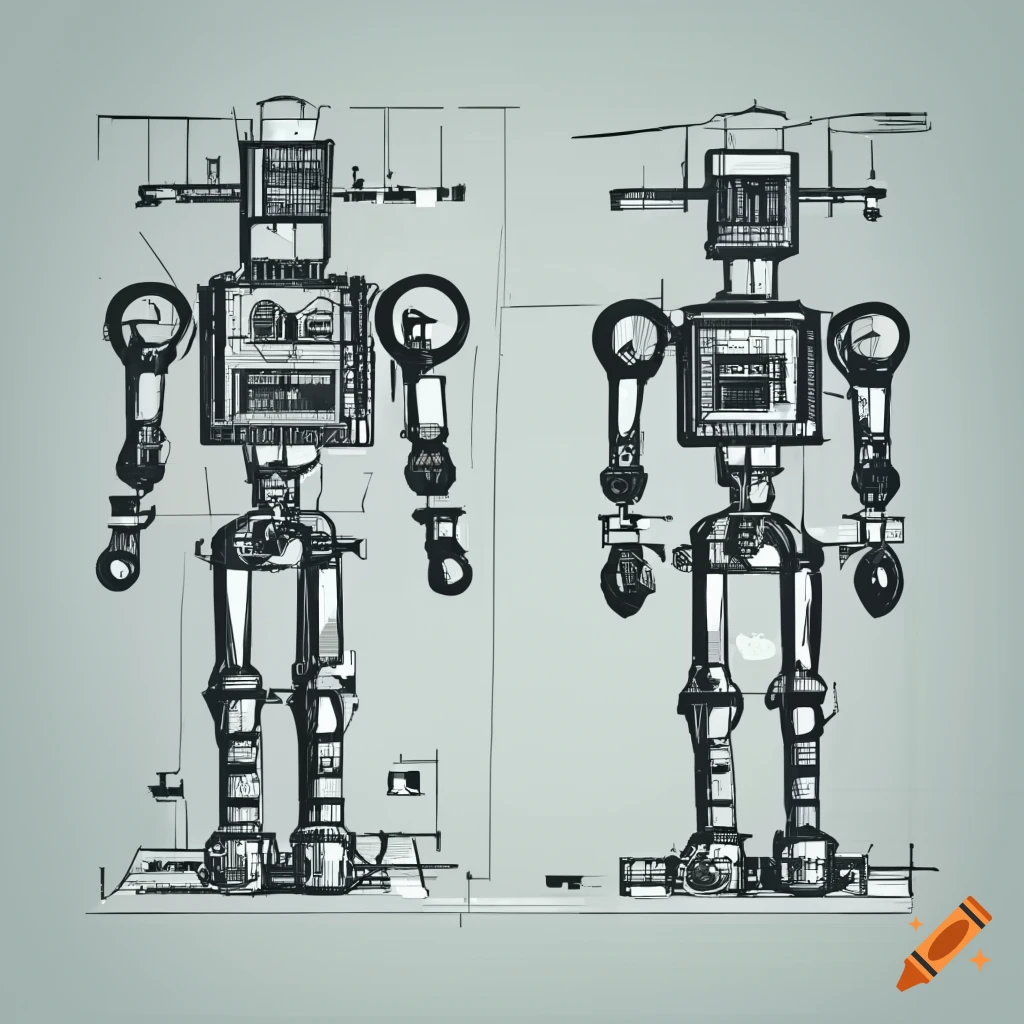 Robot, concept drawing, technical blueprint, retro, drafting style ...