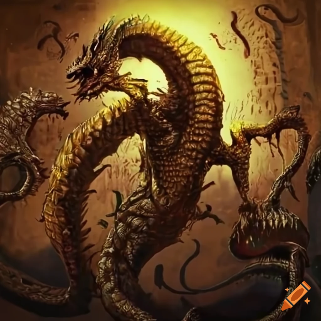 A golden dragon made into a lovecraftian horror covered in rust on Craiyon