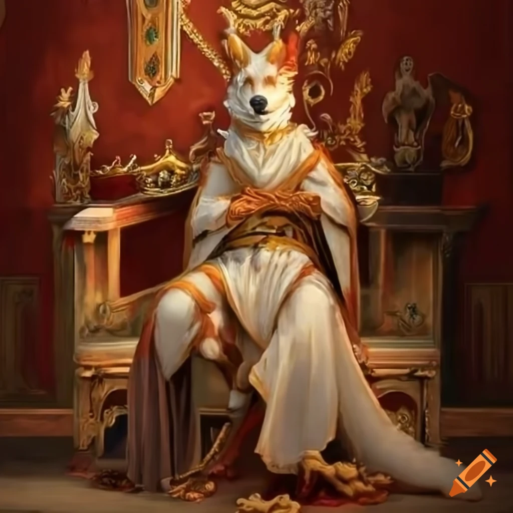 Anthropomorphic tall fox God on his throne in a immaculate white room ...