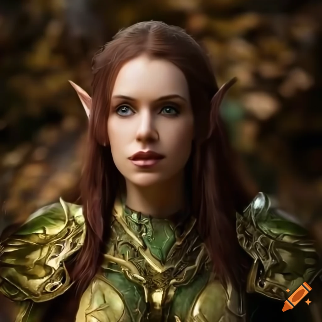 Beautiful and gorgeous woman full body, elf warrior in golden armor ...