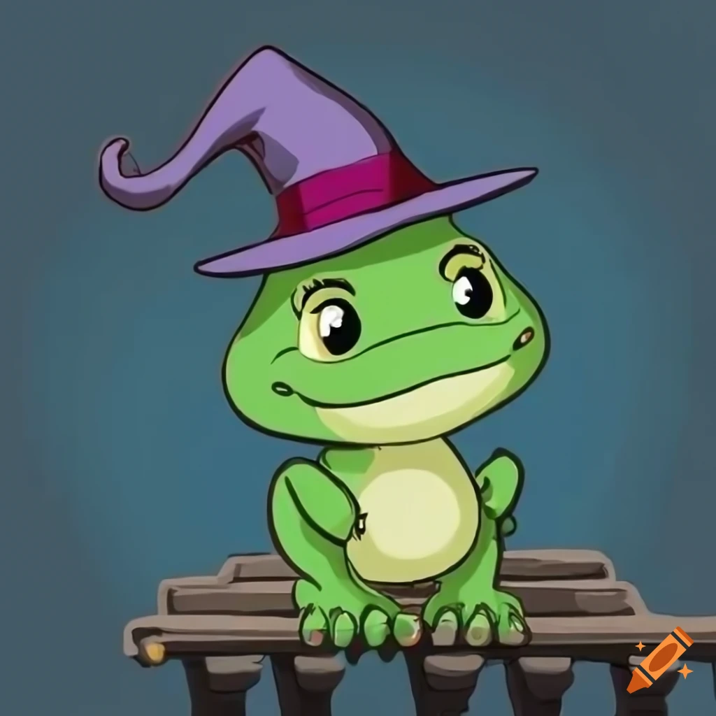 Cute chibi cartoon frog in witch costume, sitting on a pier, dark foggy ...