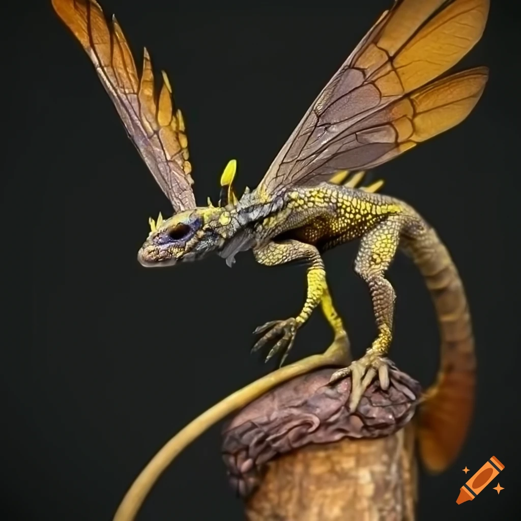 A whimsical small hybrid winged dragon with a mixture of features of lizard and yellowjacket ...