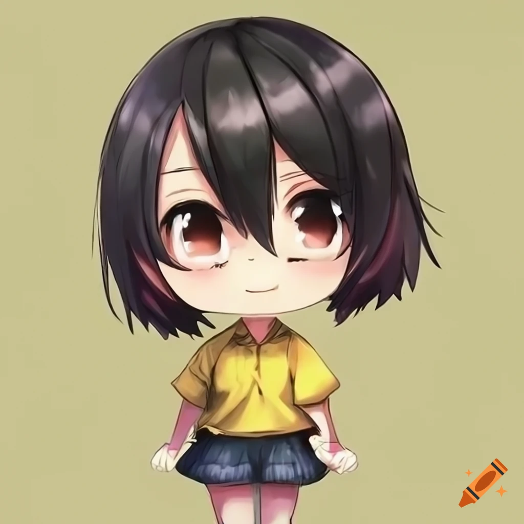 Anime chibi girl with yellow shirt and short black hair on Craiyon