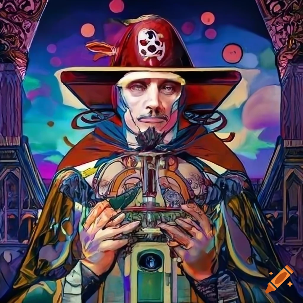 Art deco, solarpunk superhero pirate doctor with a cape on the front of ...