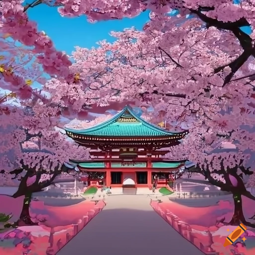 A serene temple surrounded by blooming cherry blossoms in Japan with an ...