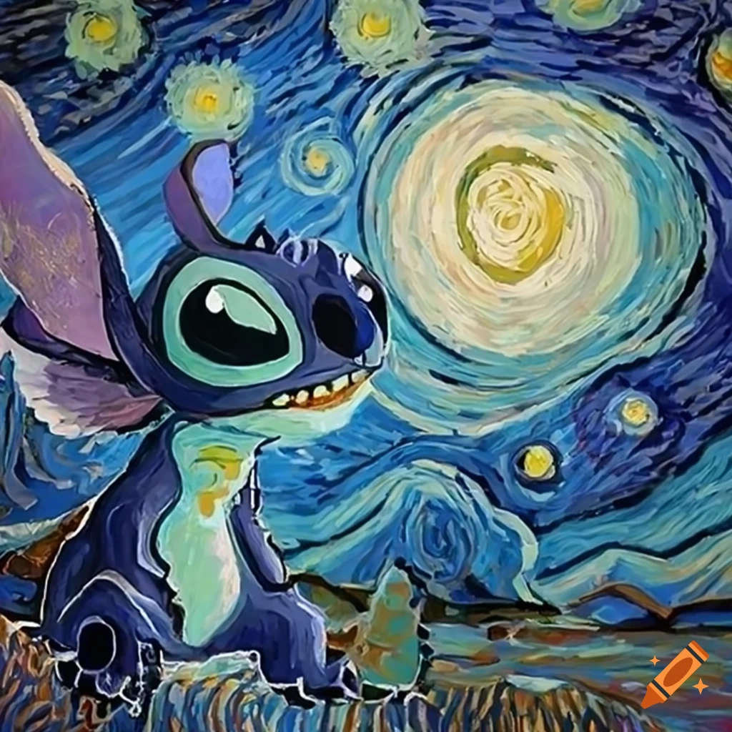 Create a Van Gogh-style painting of Stitch and Angel looking at the ...