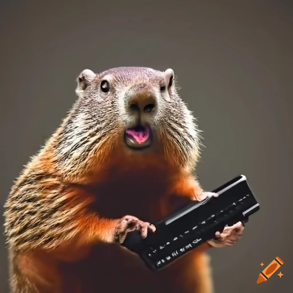 Groundhog whistle pig holding a computer keyboard singing