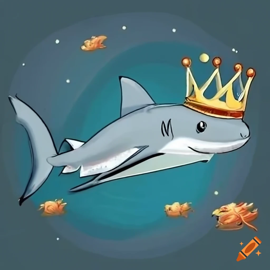 An adorable shark with a crown swimming cheerfully in the sea on Craiyon