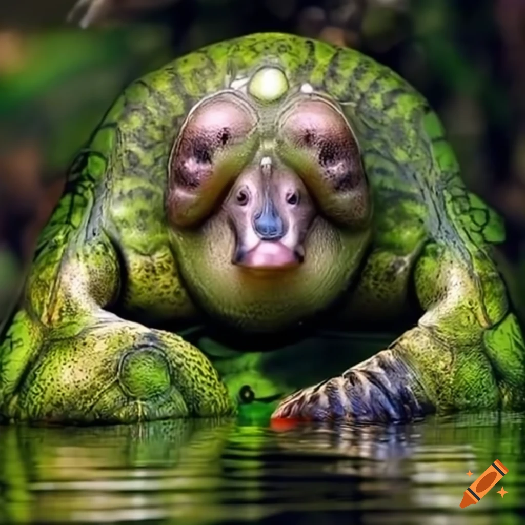 A whimsical hybrid swamp creature inspired by both ducks and turtles