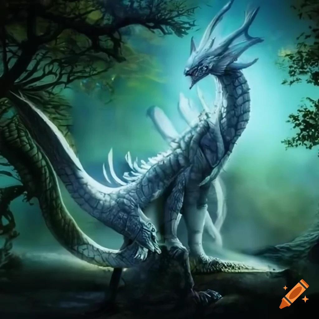 A magnificent white dragon surrounded by mystical forest creatures on Craiyon