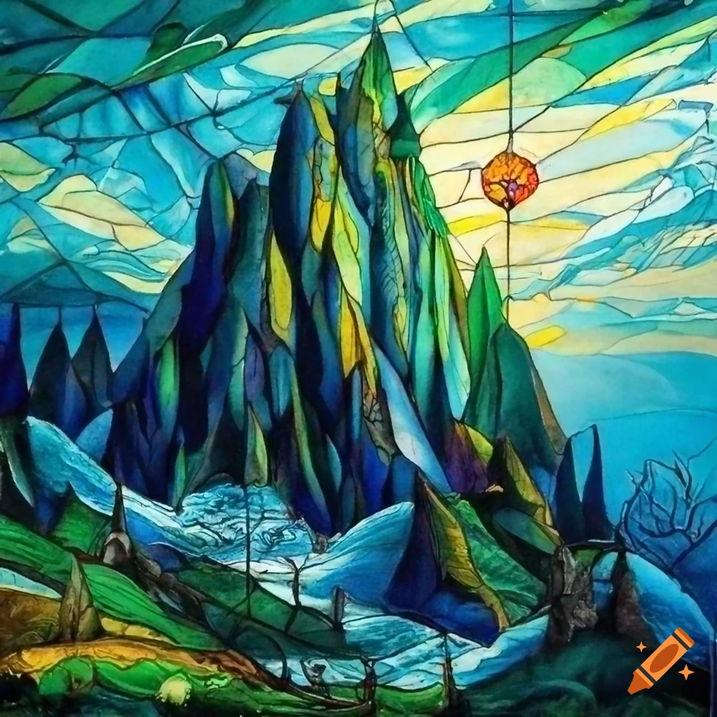 Stained glass art surreal illustration, landscape, monsters